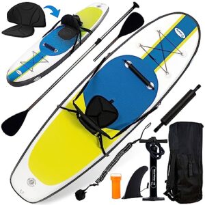 blue water toys inflatable crossover stand up paddle board/kayak kit - pump, backpack, coil leash, paddles, detachable seat, sup 300 pound limit, 10 feet by 32 inches