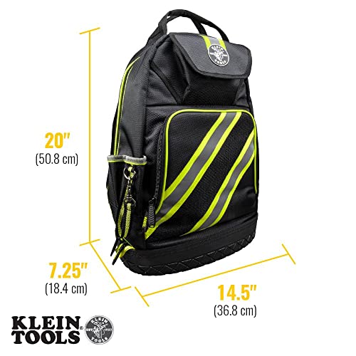 Klein Tools 55597 Tool Bag Backpack, Tradesman Pro Tool Organizer with 39 Pockets, Reflective Hi Viz, Padded Shoulder Straps, Molded Base