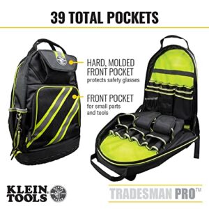 Klein Tools 55597 Tool Bag Backpack, Tradesman Pro Tool Organizer with 39 Pockets, Reflective Hi Viz, Padded Shoulder Straps, Molded Base