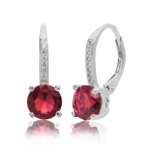 lesa michele rhodium plated 925 sterling silver red simulated ruby & cubic zirconia drop leverback bridal earrings for women imitation july birthstone