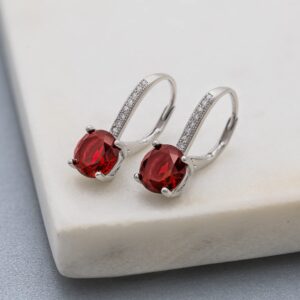 Lesa Michele Rhodium Plated 925 Sterling Silver Red Simulated Ruby & Cubic Zirconia Drop Leverback Bridal Earrings for Women Imitation July Birthstone