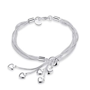 925 sterling silver five-line chain with five-heart bracelet bangle