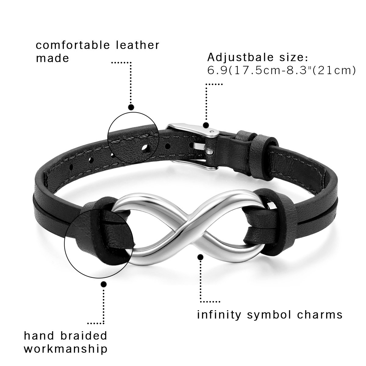 OIDEA Infinity Bracelet for Men Women: Adjustable Stainless Steel Infinity Symbol Leather Bracelet Birthday Mothers Day Friendship Jewelry Gift for Mens Womens