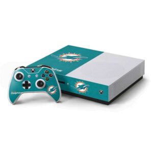 skinit decal gaming skin compatible with xbox one s console and controller bundle - officially licensed nfl miami dolphins distressed- aqua design