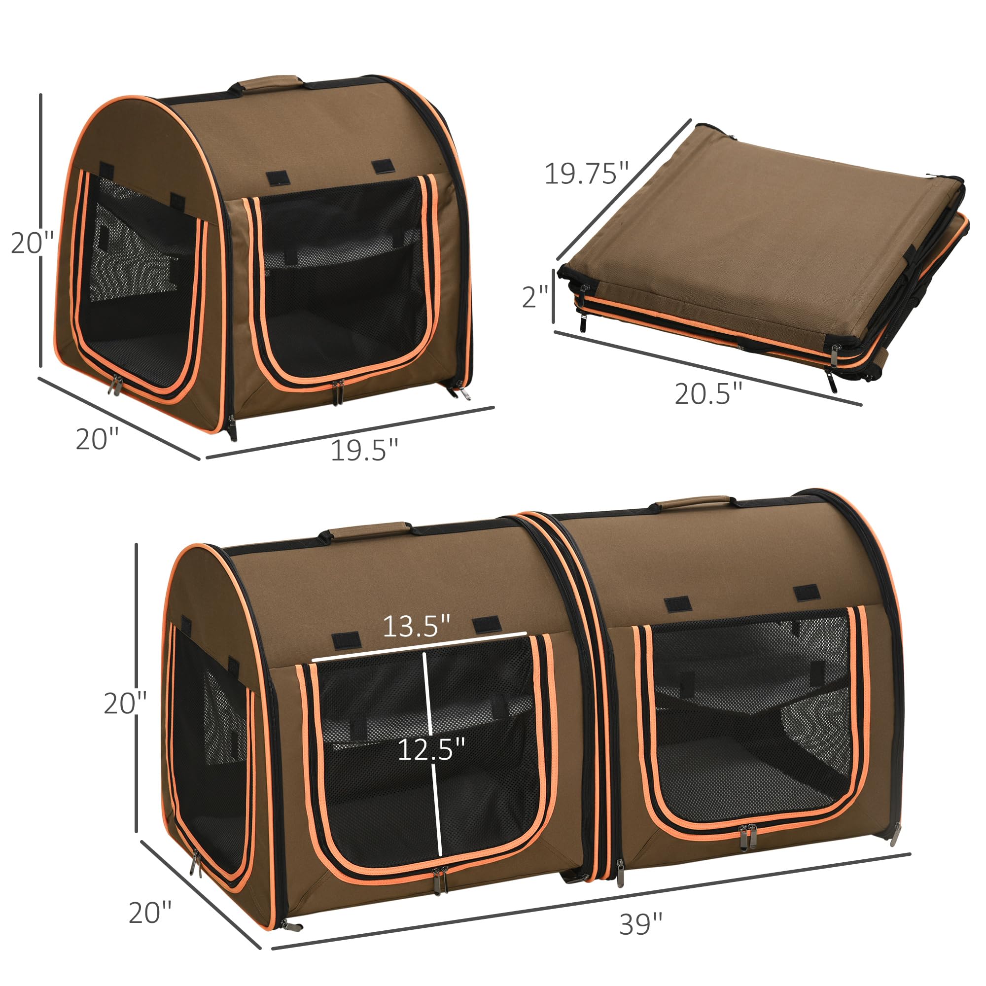 Pawhut 39” Soft-Sided Portable Dual Compartment Pet Carrier - Brown