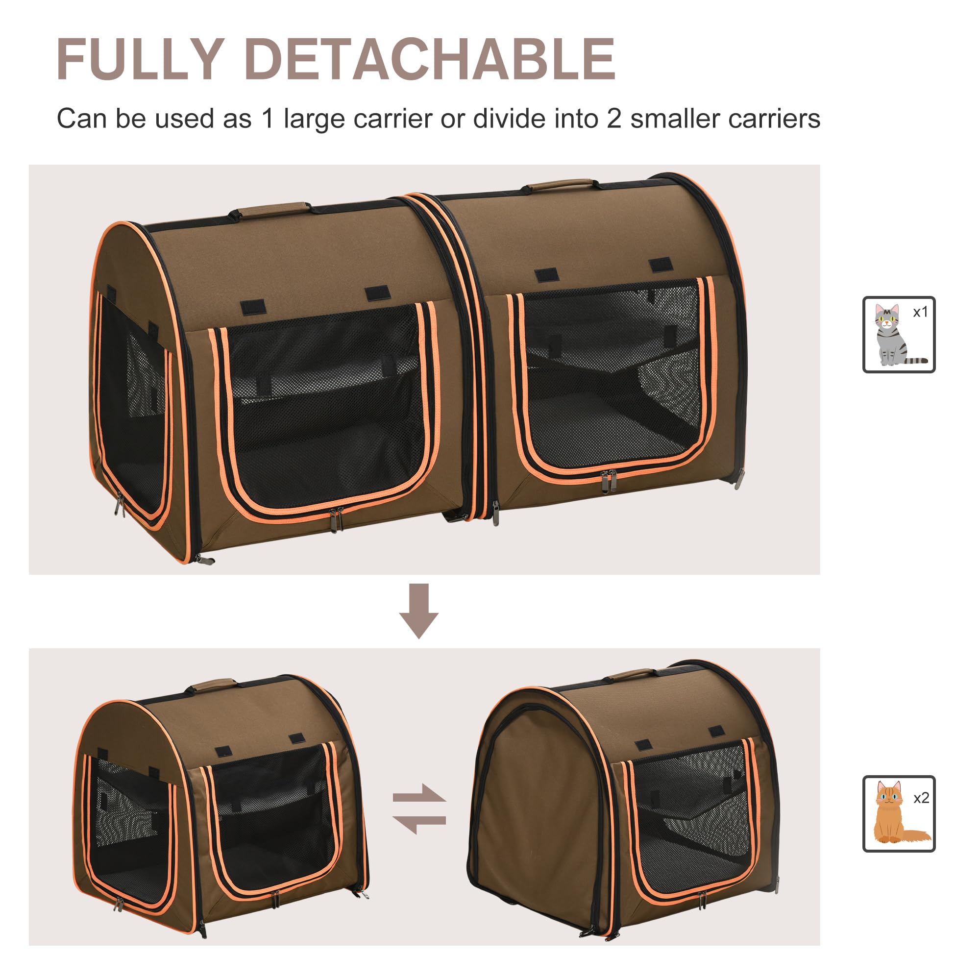 Pawhut 39” Soft-Sided Portable Dual Compartment Pet Carrier - Brown