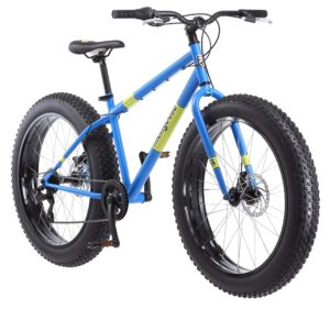 mongoose dolomite fat tire mountain bike, for men and women, 26 inch wheels, 4 inch wide knobby tires, 7-speed, adult steel frame, front and rear brakes, light blue