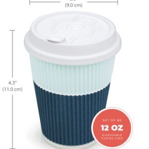 Glowcoast Disposable Coffee Cups With Lids - 12 oz To Go Coffee Cups (80 Set) With Sturdy Lids Prevent Leaks! Paper Hot Cup Holds Shape With Hot, Cold Drinks. Ripple Cups Protect Fingers from Heat!