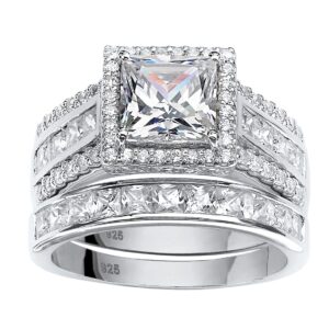 palmbeach platinum-plated sterling silver princess cut cubic zirconia halo bridal ring set sizes 6-10 size 7