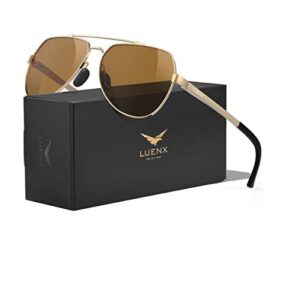 luenx men women aviator sunglasses polarized shades flexible spring hinge - brown lens gold metal frame large 60mm