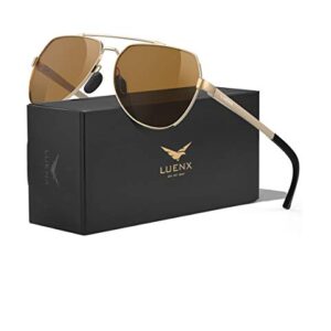 LUENX Men Women Aviator Sunglasses Polarized Shades Flexible Spring Hinge - Brown Lens Gold Metal Frame Large 60mm