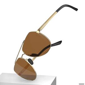 LUENX Men Women Aviator Sunglasses Polarized Shades Flexible Spring Hinge - Brown Lens Gold Metal Frame Large 60mm