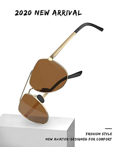 LUENX Men Women Aviator Sunglasses Polarized Shades Flexible Spring Hinge - Brown Lens Gold Metal Frame Large 60mm