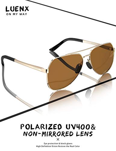 LUENX Men Women Aviator Sunglasses Polarized Shades Flexible Spring Hinge - Brown Lens Gold Metal Frame Large 60mm