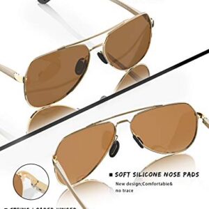 LUENX Men Women Aviator Sunglasses Polarized Shades Flexible Spring Hinge - Brown Lens Gold Metal Frame Large 60mm