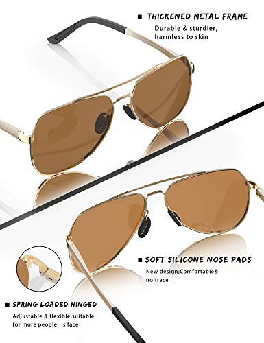 LUENX Men Women Aviator Sunglasses Polarized Shades Flexible Spring Hinge - Brown Lens Gold Metal Frame Large 60mm