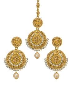 bindhani round golden mix white stone round earrings & indian maang tikka for women