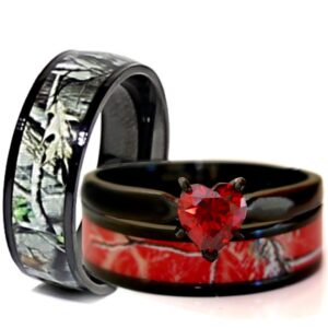 3 pc his & hers heart red camo black stainless steel and titanium engagement wedding rings set (size his 09, hers 06)