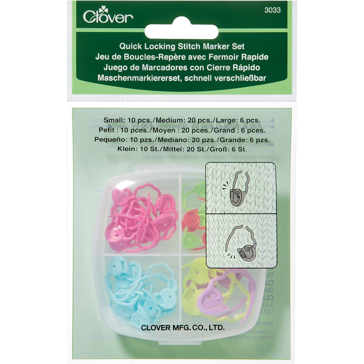 Clover 3033 Quick Locking Stitch Marker Set Multicolor, 3" Height x 3" Length x 1.2" Width