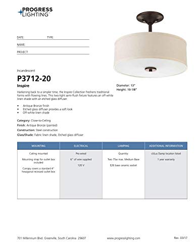 Progress Lighting P3712-20 Inspire Close-to-Ceiling, 13” diameter|10-1/8” height, Off-White Linen shade, Antique Bronze