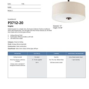 Progress Lighting P3712-20 Inspire Close-to-Ceiling, 13” diameter|10-1/8” height, Off-White Linen shade, Antique Bronze