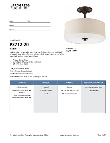 Progress Lighting P3712-20 Inspire Close-to-Ceiling, 13” diameter|10-1/8” height, Off-White Linen shade, Antique Bronze