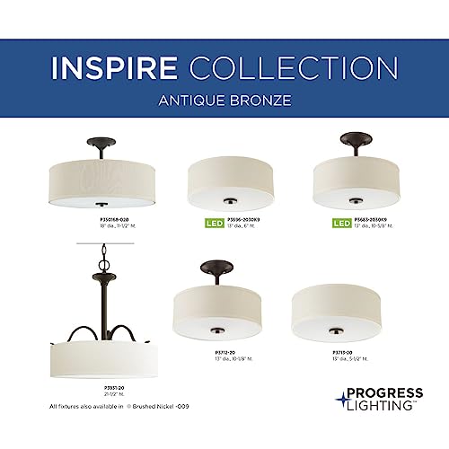 Progress Lighting P3712-20 Inspire Close-to-Ceiling, 13” diameter|10-1/8” height, Off-White Linen shade, Antique Bronze