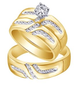 jewel zone us white natural diamond wedding & engagement trio band ring set in 10k solid yellow gold (0.28 carat)