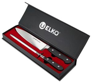 chef's knife and sharpener - 8 inch german steel sharp blade kitchen knife with 12 inch steel round knife sharpener - comes in gift box - by elko professional