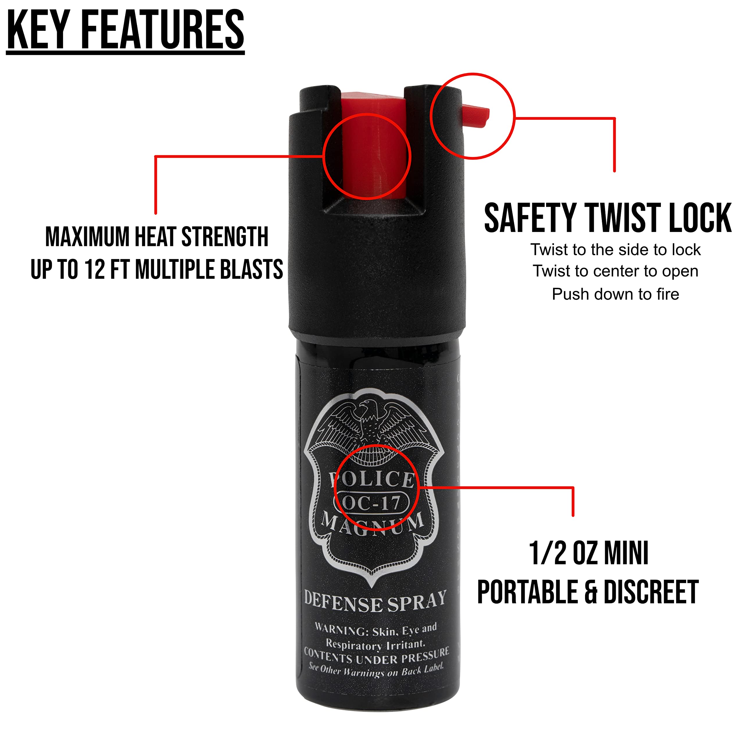 POLICE MAGNUM Mini Pepper Spray Self Defense Pocket Size Protection- Made in The USA- 6 Pack 1/2oz Safety Locks