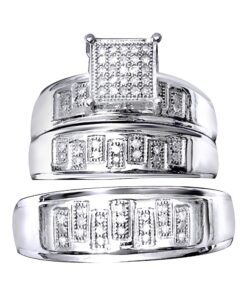 jewel zone us white natural diamond wedding & engagement trio bridal ring set in 10k solid white gold (0.2 carat)