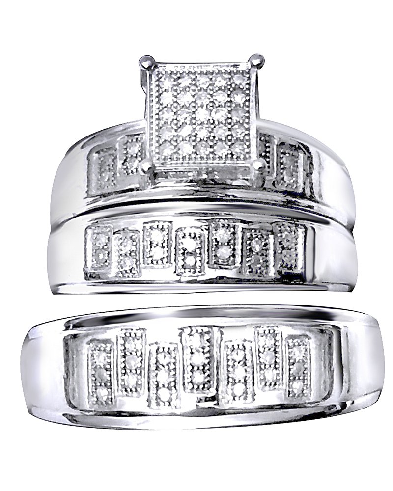 Jewel Zone US White Natural Diamond Wedding & Engagement Trio Bridal Ring Set in 10k Solid White Gold (0.2 Carat)