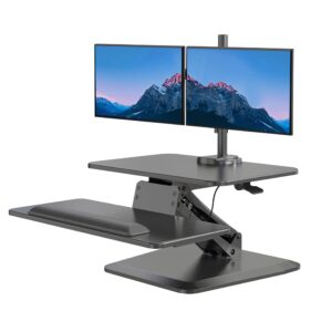 mount-it! standing desk converter, stand up desk riser with dual monitor mount, adjustable workstation in black, top platform 23" wide, keyboard mouse tray 27" wide, raises 5" to 17" tall