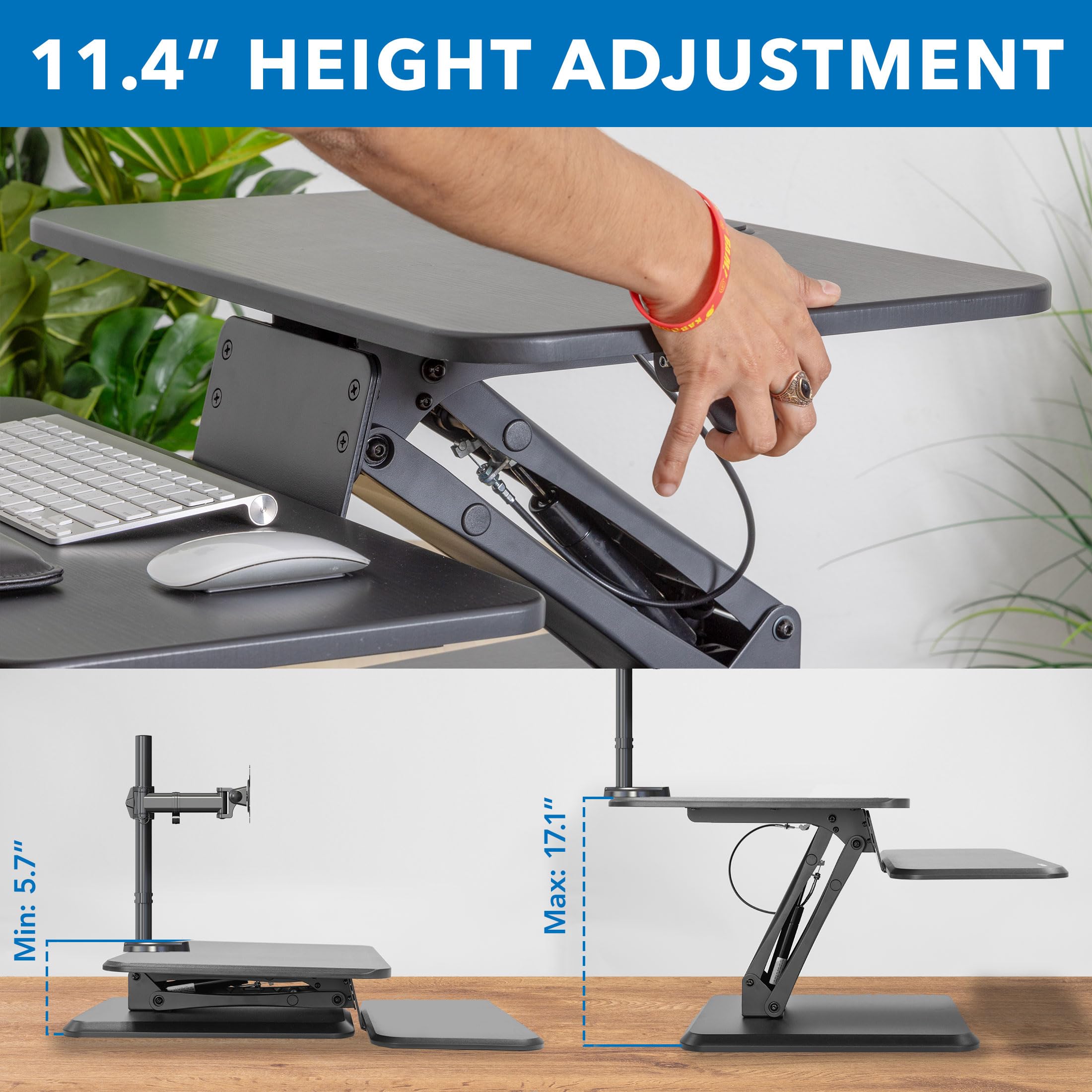 Mount-It! Standing Desk Converter, Stand Up Desk Riser with Dual Monitor Mount, Adjustable Workstation in Black, Top Platform 23" Wide, Keyboard Mouse Tray 27" Wide, Raises 5" to 17" Tall