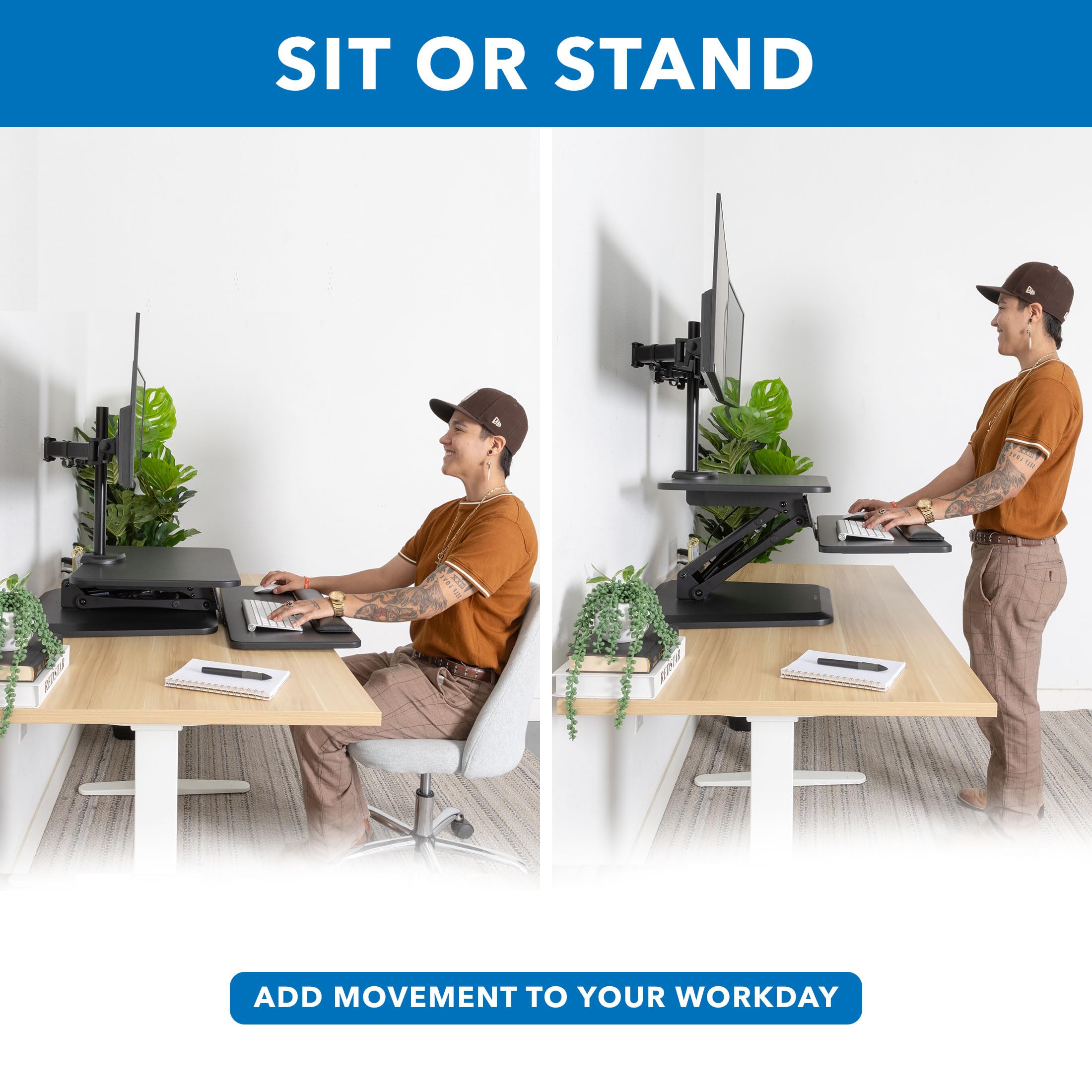 Mount-It! Standing Desk Converter, Stand Up Desk Riser with Dual Monitor Mount, Adjustable Workstation in Black, Top Platform 23" Wide, Keyboard Mouse Tray 27" Wide, Raises 5" to 17" Tall