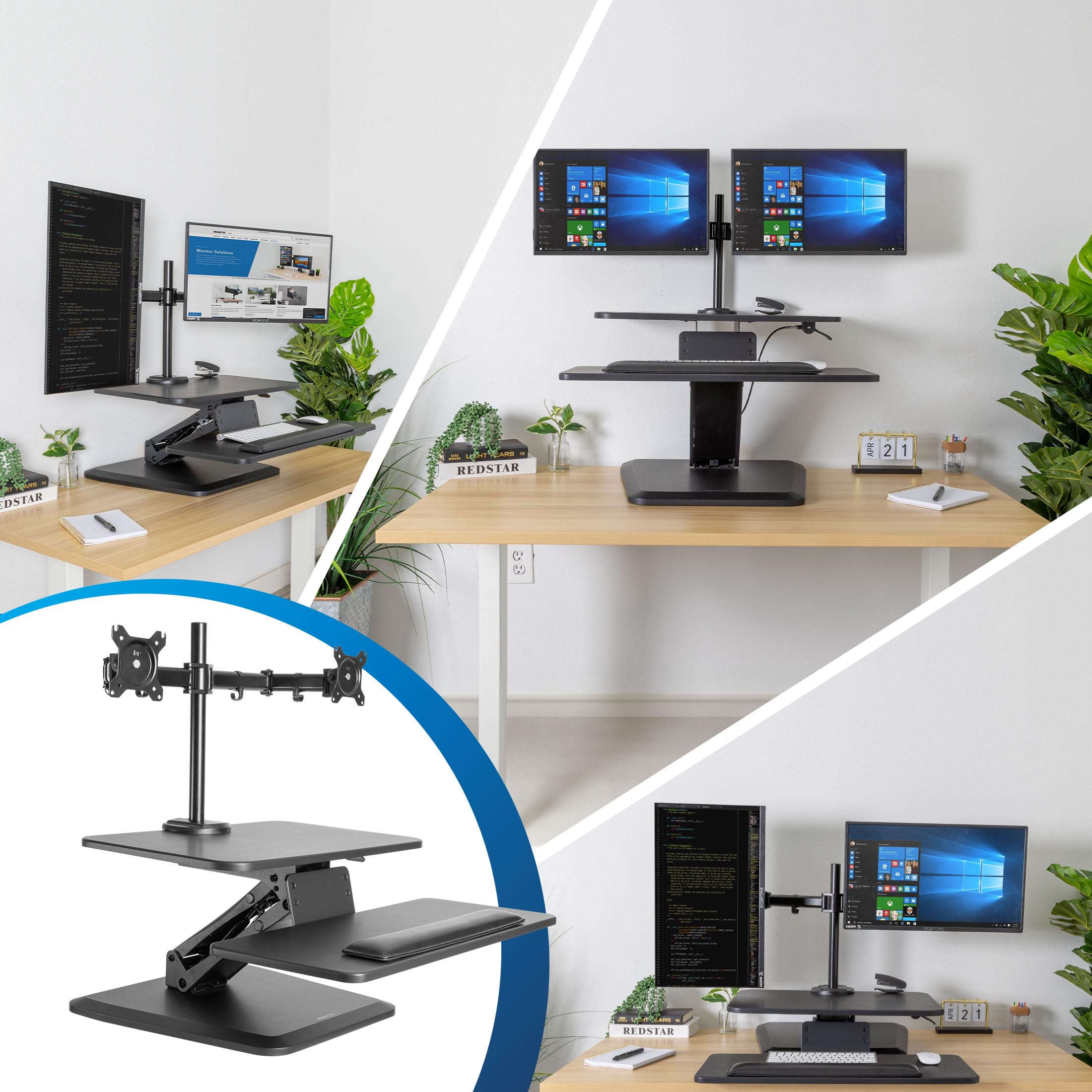 Mount-It! Standing Desk Converter, Stand Up Desk Riser with Dual Monitor Mount, Adjustable Workstation in Black, Top Platform 23" Wide, Keyboard Mouse Tray 27" Wide, Raises 5" to 17" Tall