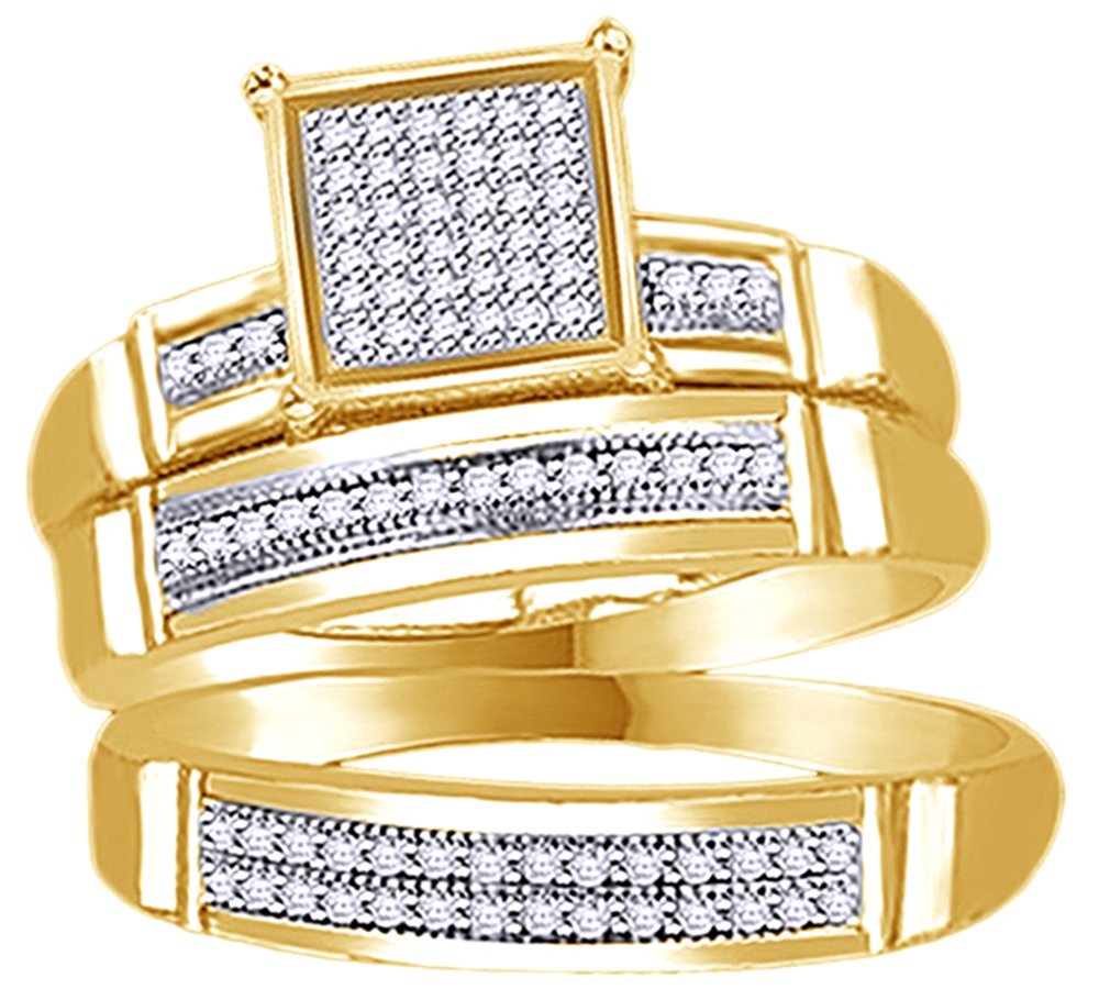 Jewel Zone US White Natural Diamond Engagement and Wedding Trio Band Ring Set in 10k Solid Yellow Gold (0.25 Carat)