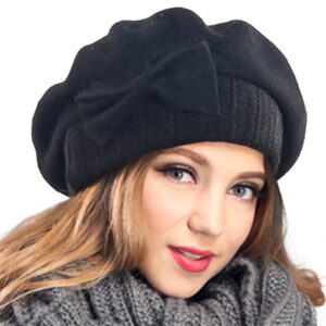 vecry women's 100% wool bucket hat felt cloche beret dress winter beanie hats (beret-black)