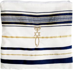 holy land market new covenant prayer shawl tallit english/hebrew with matching case, dark blue, medium