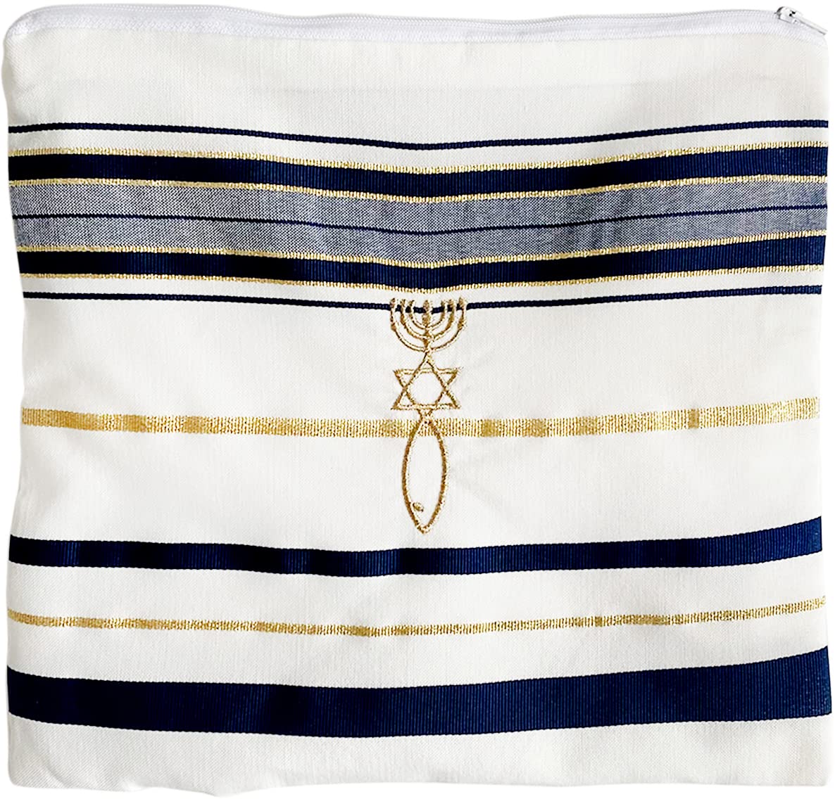 Holy Land Market New Covenant Prayer Shawl Tallit English/Hebrew with Matching Case, Dark Blue, Medium