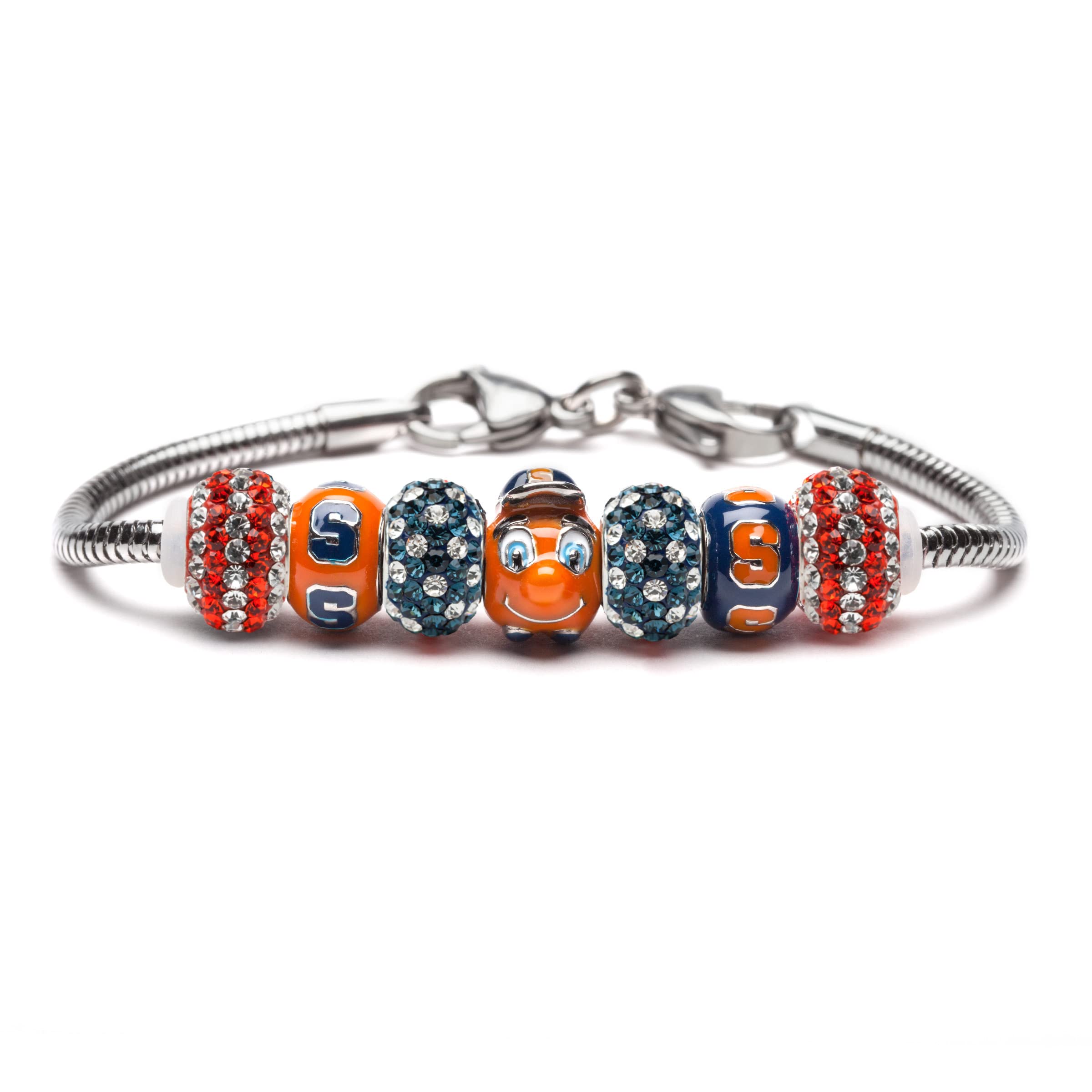 Syracuse University Bracelet | SU Oranges Bracelet - 1 Otto Bead, 2 S Beads and 4 Crystal Charms | Officially Licensed Syracuse University Jewelry | SU Jewelry | Syracuse Charms | Stainless Steel