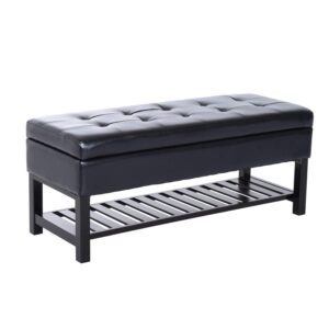 homcom 44" tufted faux leather ottoman storage bench with shoe rack - black