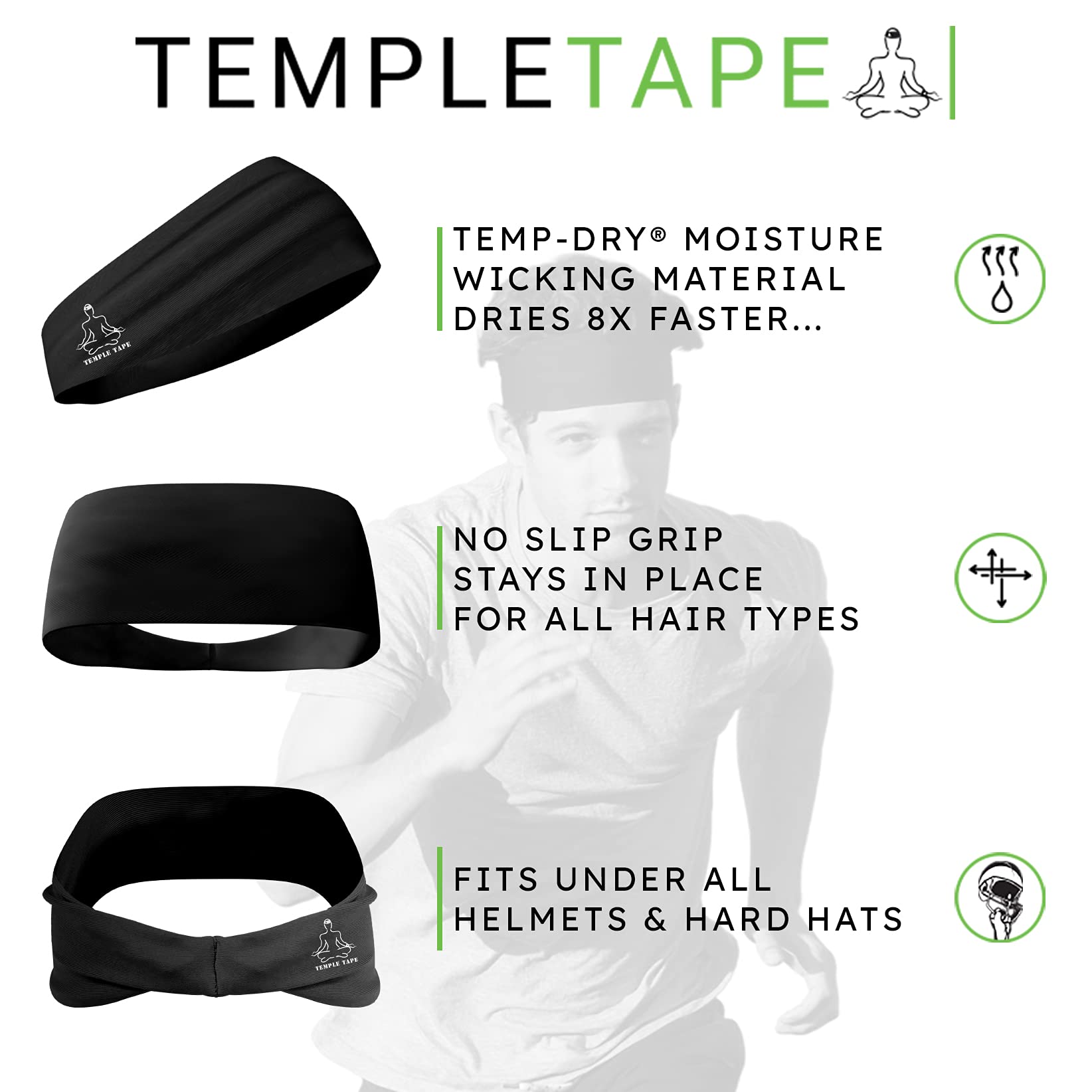 Temple Tape Headbands for Men and Women - Mens Sweatband & Sports Headband Moisture Wicking Workout Sweatbands for Running, Crossfit, Yoga and Bike Helmet Friendly - Black