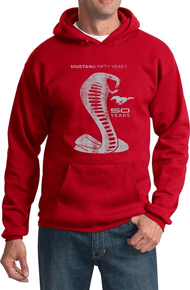 Lucky Ride Ford Mustang Shelby Cobra Hoodie with 50 Years design, Red, XL