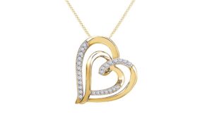 jewel zone us round white natural diamond double heart pendant necklace in 14k yellow gold over sterling silver (1/6 ct)