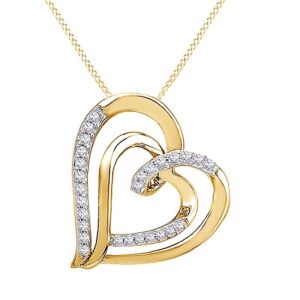 Jewel Zone US Round White Natural Diamond Double Heart Pendant Necklace in 14k Yellow Gold Over Sterling Silver (1/6 Ct)