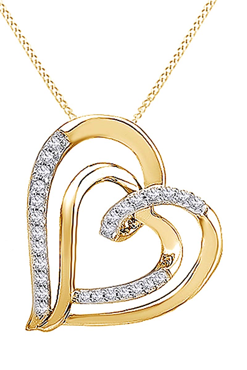 Jewel Zone US Round White Natural Diamond Double Heart Pendant Necklace in 14k Yellow Gold Over Sterling Silver (1/6 Ct)