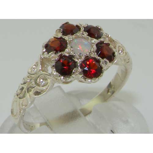 LetsBuyGold 10k White Gold Natural Opal & Garnet Womens Anniversary Ring - Size 7.25