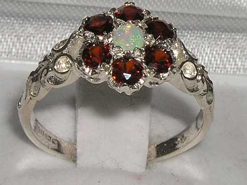 LetsBuyGold 10k White Gold Natural Opal & Garnet Womens Anniversary Ring - Size 7.25