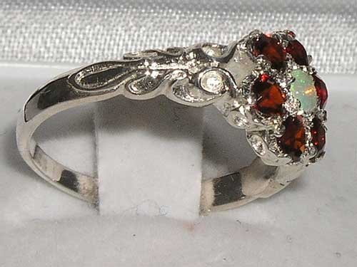 LetsBuyGold 10k White Gold Natural Opal & Garnet Womens Anniversary Ring - Size 7.25